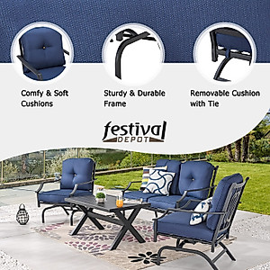Festival Depot 4 pc Patio Conversation Set Metal Armchairs Loveseat and Coffee Table with Thick Cushions Outdoor Furniture for Garden Deck Bistro (Blue)