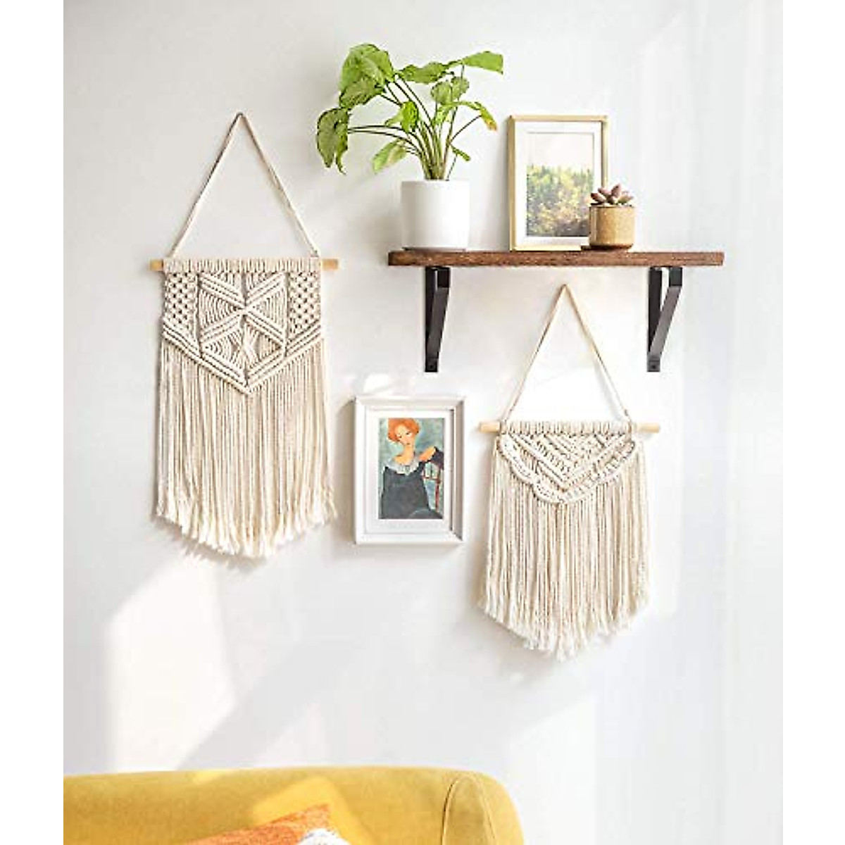 Mkono Macrame Wall Decor 4 Piece Set, 2 Pcs Macrame Wall Hanging Art Boho Wall Decor and 2 Pcs Hanging Shelves Wood Floating Storage Shelf for Bedroom Bathroom Living Room Nursery Dorm Room