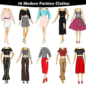 Keysse New Modern Doll Clothes and Accessories - 39 Items Gift Set , 10 Sets Modern Series Fashion Outfit Include 5 Dresses, 5 Top 5 Pants and 3 Swimsuit, 22 Accessories