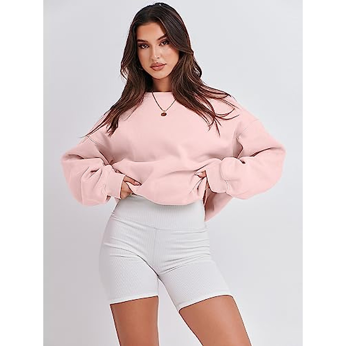 Caracilia Women's Crewneck Sweatshirts Oversized Fleece Hoodies Tops Casual Loose Pullover Sweaters 2024 Fall Clothes Pink Small