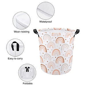 17.3 Inches Laundry Basket, Waterproof Collapsible Storage Basket, Round Dirty Clothes Hamper with Handles for Bedroom Room Toy Storage (Rainbow Cloud Abstract Boho)