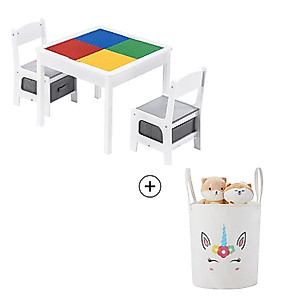 TECHMILLY Wooden Kids Table and Chair Set & Large Storage Basket for Girls and Boys
