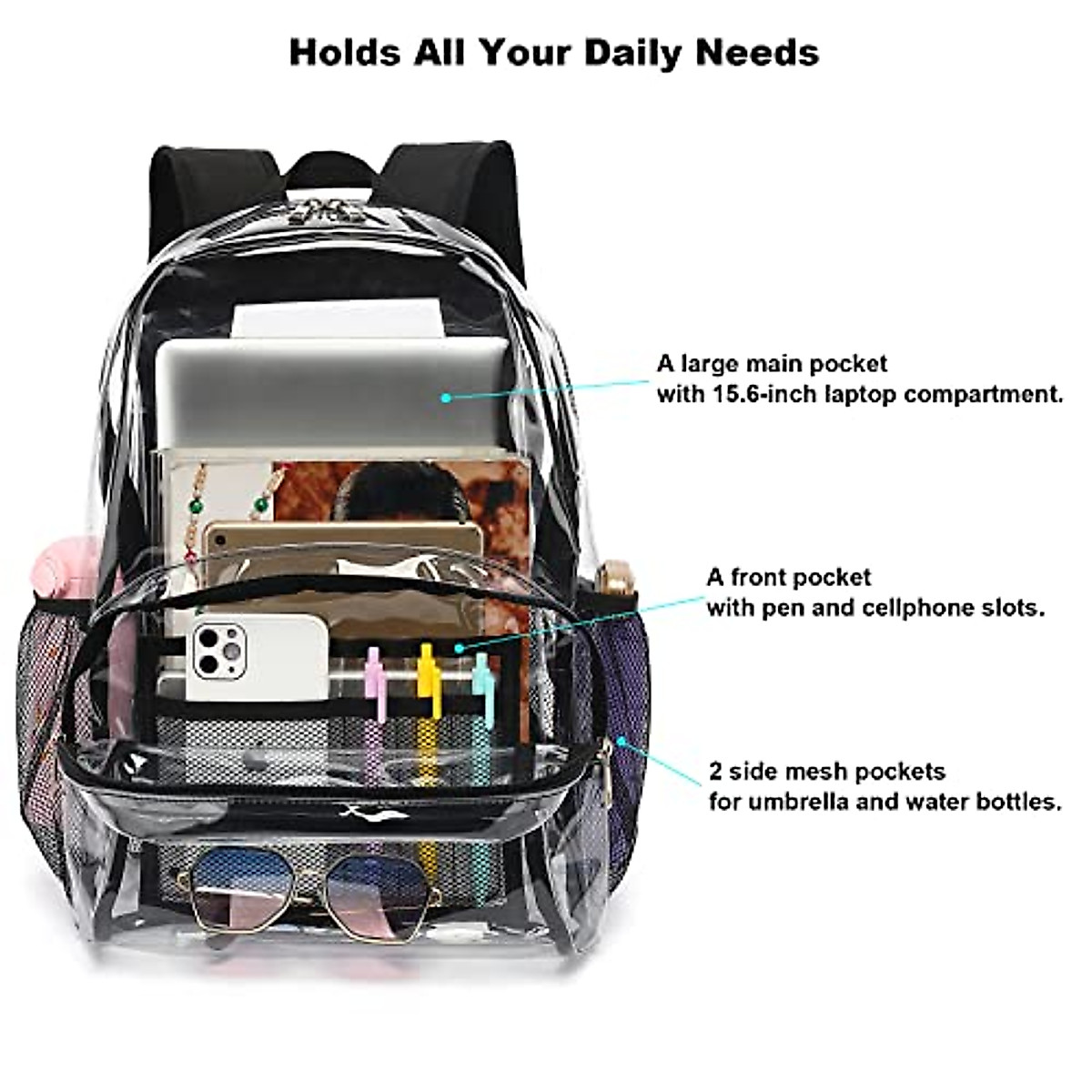 Clear Backpack School Bag Bookbag, Heavy Duty PVC Plastic Transparent See Through Backpacks for Men Women Girls Boys (Black)