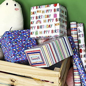 MAYPLUSS Birthday Wrapping Paper Roll - Mini Roll - 17 inch X 120 inch Per roll - Polka dots, Stripes Patterns (42.3 sq.ft.ttl)
