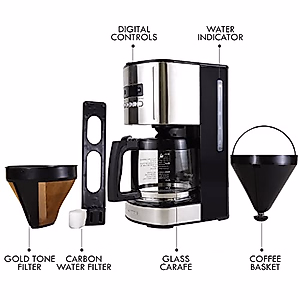 Kenmore Aroma Control 12-cup Programmable Coffee Maker, Black and Stainless Steel Drip Coffee Machine, Glass Carafe, Reusable Filter, Timer, Digital Display, Charcoal Water Filter, Regular or Bold