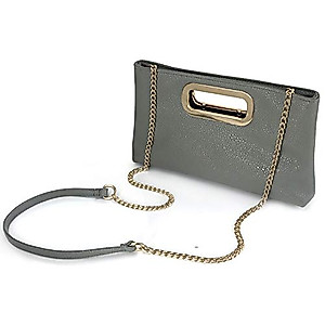 Women Glossy Patent Leather Clutch Cut Out Metal Handle Chain Shoulder Handbag (Grey)
