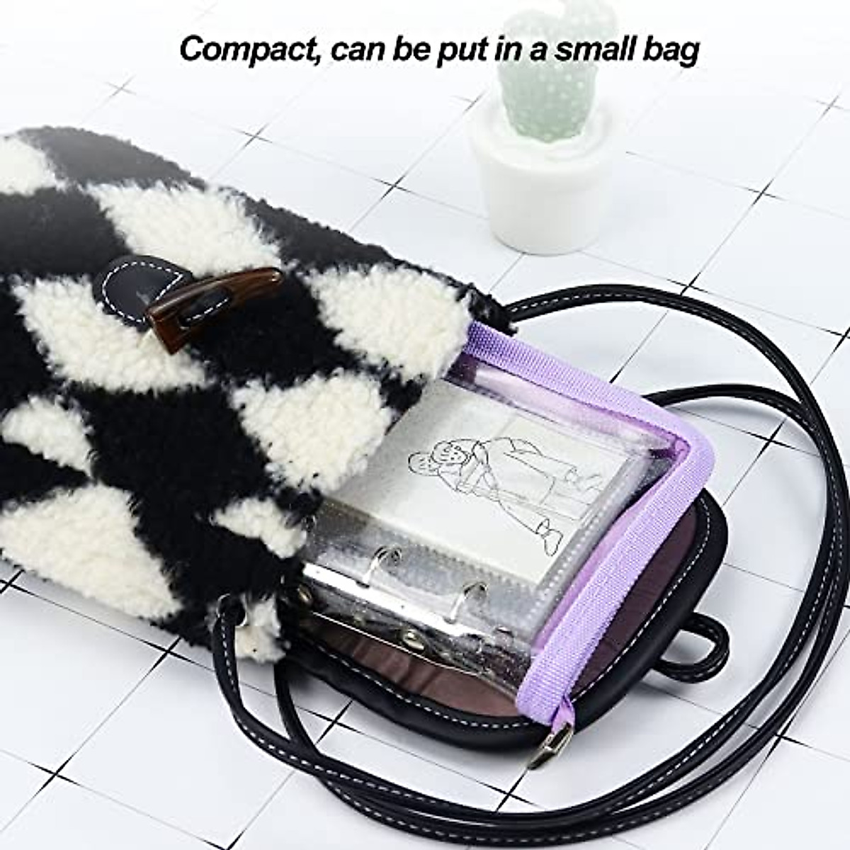 MultiBey Transparent Mini Binder 3 Ring, Glitter PVC Zipper Binder 3.7'' x 5.2'' for Cards Photos with 20 Card Slots (Purple)