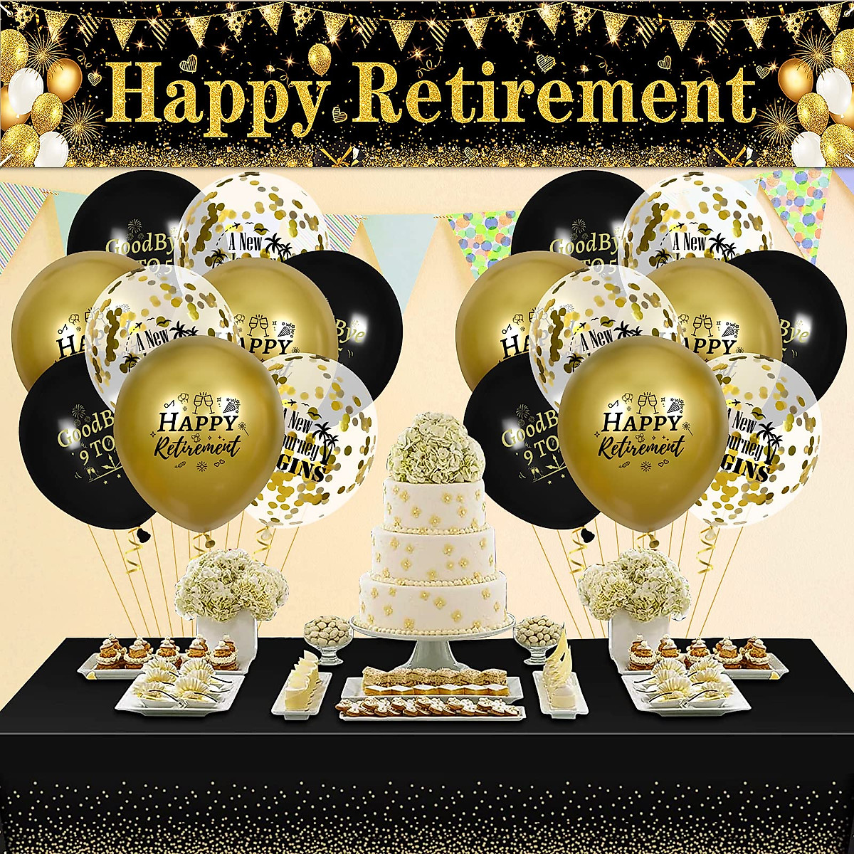 Retirement Party Decorations Black Gold Happy Retirement Banner and 18pcs Happy Retirement Balloons for Men and Women Large Black Gold Retirement Yard Sign for Retirement Party Supplies