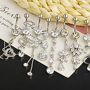 TIANCI FBYJS 14G Women Belly Button Rings Surgical Stainless Steel Dangle Belly Rings 10mm Heart Belly Piercings Flower Butterfly Navel Jewelry 11pcs (silver)