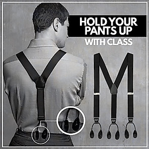 HOLD'EM Suspender for Men MADE IN USA – Y-Back Genuine Leather Trimmed Button End Non-Stretch Tuxedo Suspenders -Black