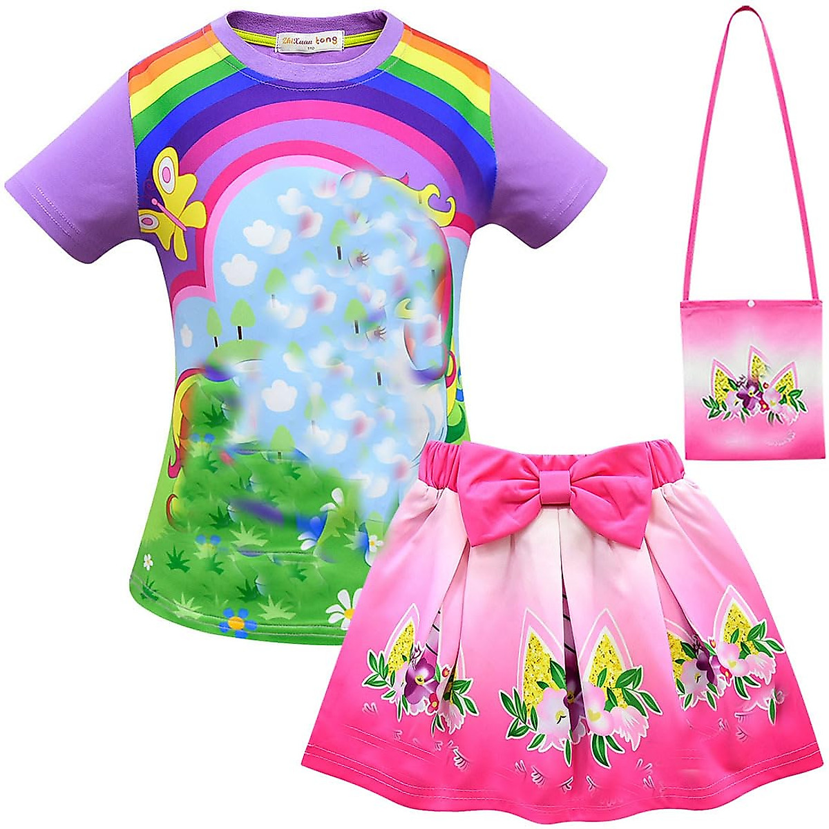 LQBNZQZ Girls Graphic T-Shirt Skirt Set Outfit Cute Cartoon Casual Dress Princess Birthday Gift Purple 6-7 Years