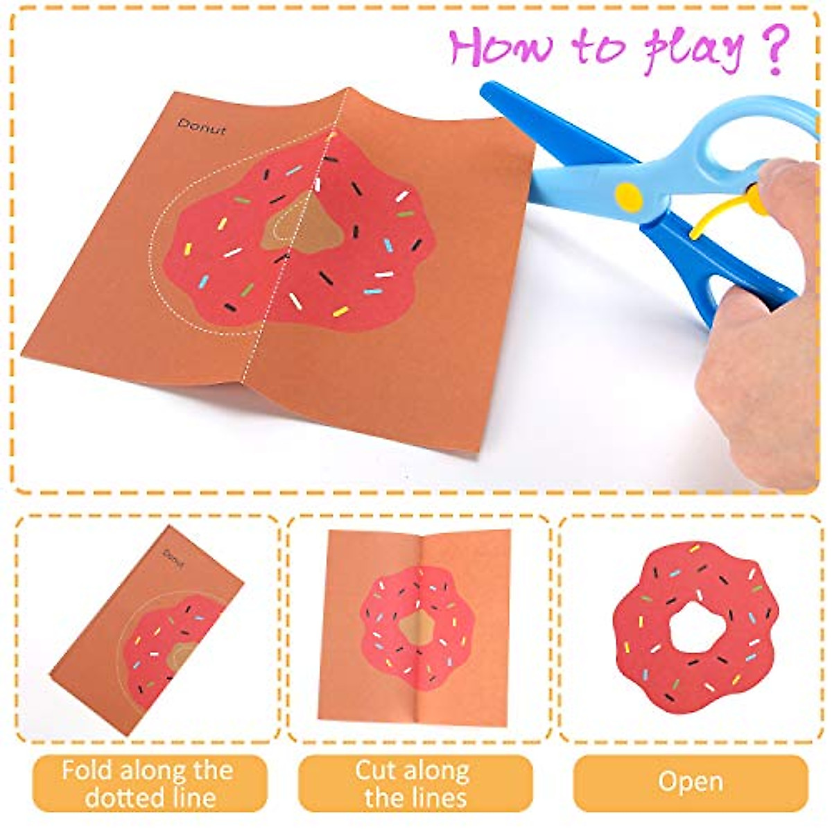 Fun Paper-Cut Set,Origami Paper Art; Scissor Skills Activity Cutting Book; Kids Scissors Crafts Kits Preschool-120 Pages with A Pair of Child-Safe Scissors Beginners Trainning and School Learning