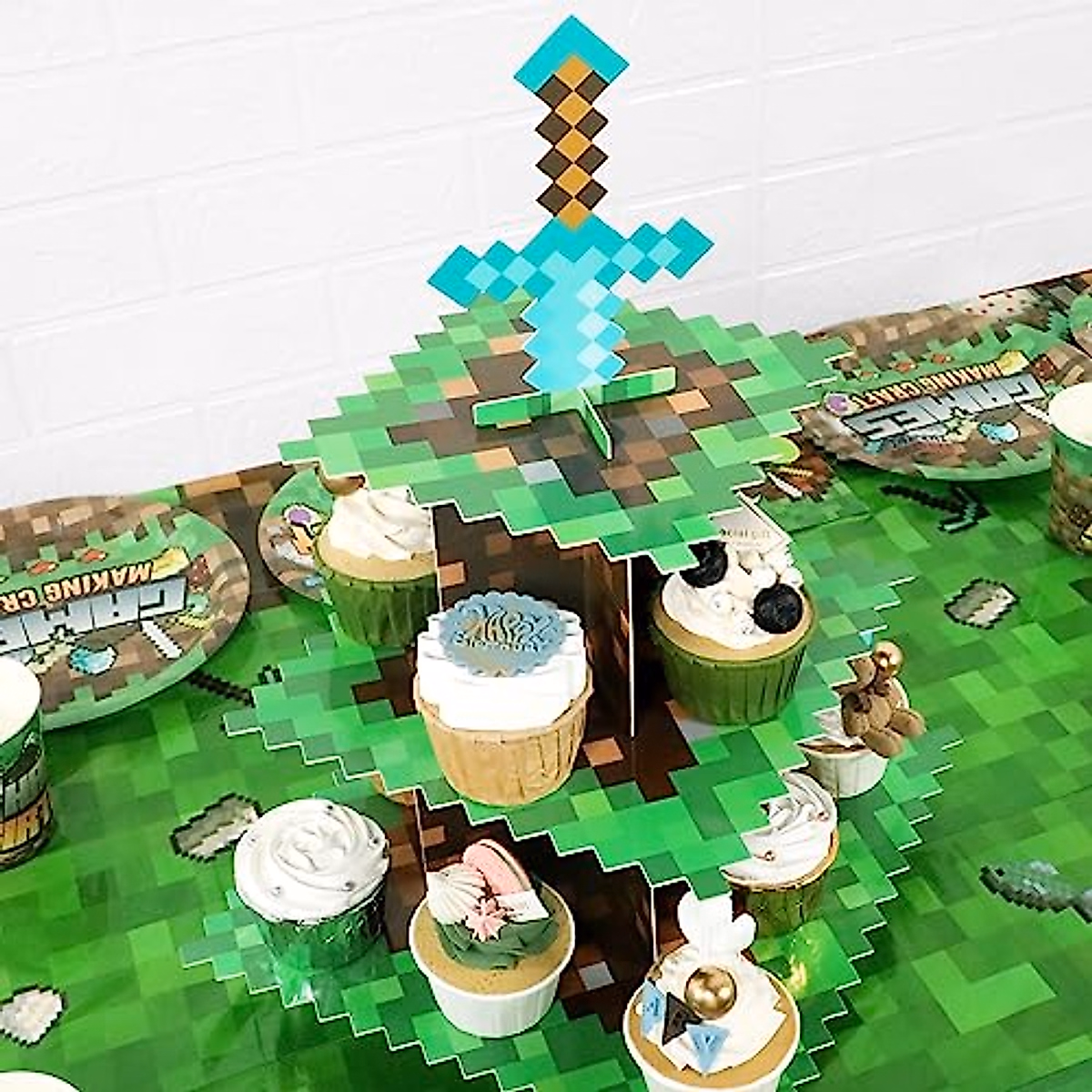 Pixel Game Style Cupcake Holder, 3-Tier Cardboard Cupcake Stand, Dessert Tower Display for Birthday Party Supplies Decoration
