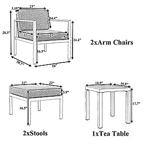 BIADNBZ 5-Piece Outdoor Patio Furniture Set for 4,UV-Resistant Aluminum Alloy Conversation Sofa Chairs with Coffee Table and Stools for Poolside, Garden, Black Frame+Gray Cushion