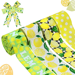 32 Yard Lemon Wired Edge Ribbon 4 Rolls 2.5 Inch Summer Burlap Ribbon Lemon Gingham Check Ribbon Decor for DIY Crafts, Gift Wrapping, Wreaths, Hair Bows, Home Decor
