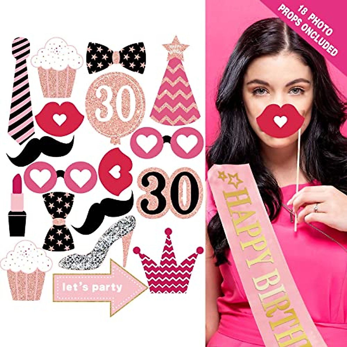 30th birthday decorations for her - (76pack) rose gold party Banner, Pennant, Hanging Swirl, birthday Balloons, Foil Backdrops, cupcake Topper, plates, Photo Props, Birthday Sash for women gift