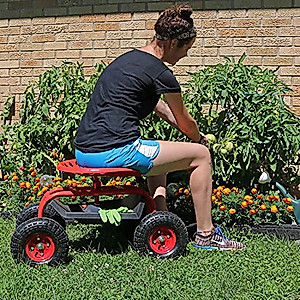 Sunnydaze Rolling Garden Cart Scooter with Wheels and Tool Tray, 360 Swivel Seat, Red