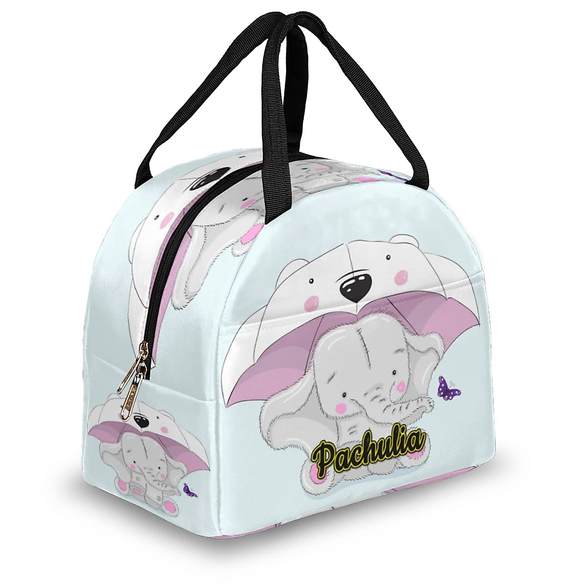 Personalized Text Lunch Bag - Customize Name School Portable Durable Hand Carrying Insulated Lunch Bag Cute Elephant Cartoon