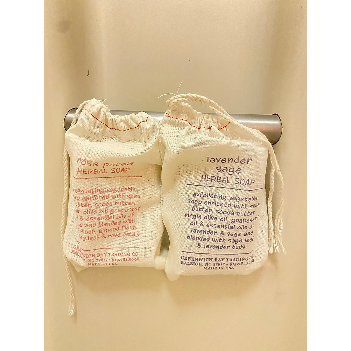 Greenwich Bay Trading Set of 2 Herbal Soaps - Each Individually Wrapped in a Drawstring Cloth Sack - Enriched with Shea Butter & Virgin Olive Oil and Infused with Fresh Botanical Scents - 6.4 Oz Each (Lavender Sage & Rose Petal)