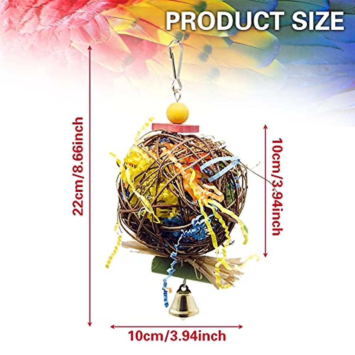 Zomine 2 Pack Hanging Bird Chewing Takraw Toys - DIY Foraging Shredder Toy Natural Bird Toy Accessories Hand Woven with Bell Easy to Install Suitable for Small or Medium Birds