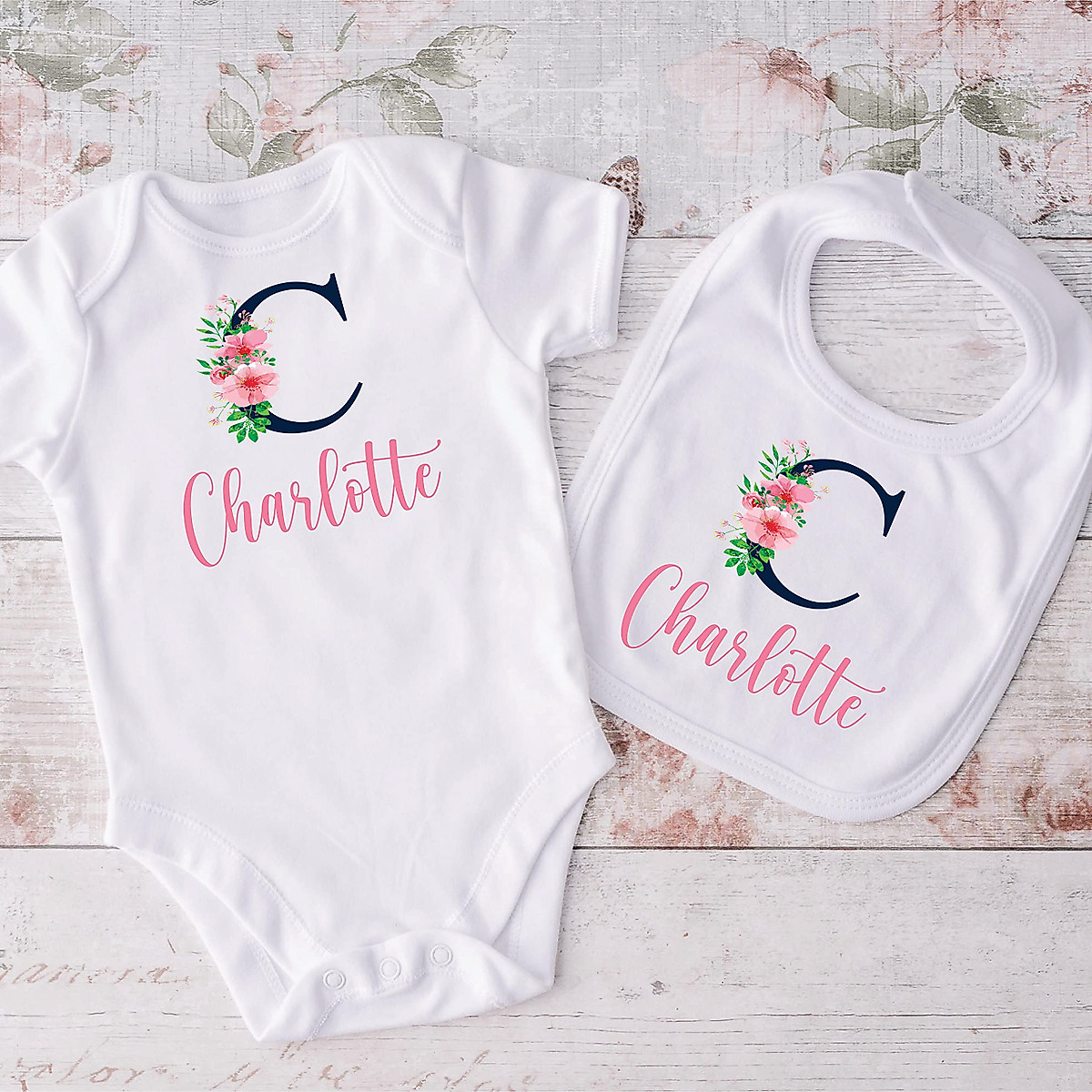 Personalized Pink & Black Floral Initial Sleeper | Any Name or Text | Multiple Preemie - 6-12 Months | Baby Shower | Pink | Baby Girl Outfit | Personalized Romper