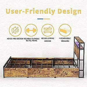 HAUSOURCE Queen Bed Frame with Storage Headboard and 4 Drawers LED Lights Metal Platform Non-Slip Without Noise Mattress Foundation Strong Metal Slats Support No Box Spring Needed