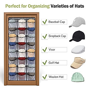 RELBRO Over the Door Hat Rack, Door Baseball Caps Hat Organizer with 24 Large Clear Elastic Mesh Pockets Hat Holder Storage Hat Display Rack with 3 Over Door Hooks - Grey