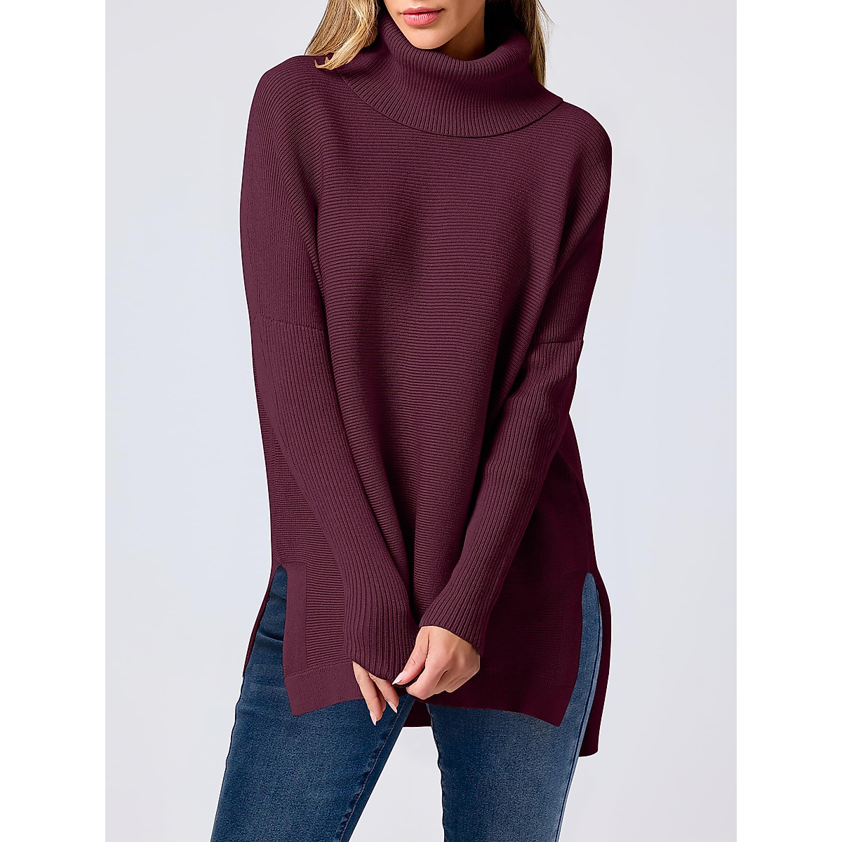 ANRABESS Women's Oversized Turtleneck Batwing Sleeve Spilt Casual Loose Knit Tunic Pullover Sweater Tops 2025 Fall Outfits Wine Red Small