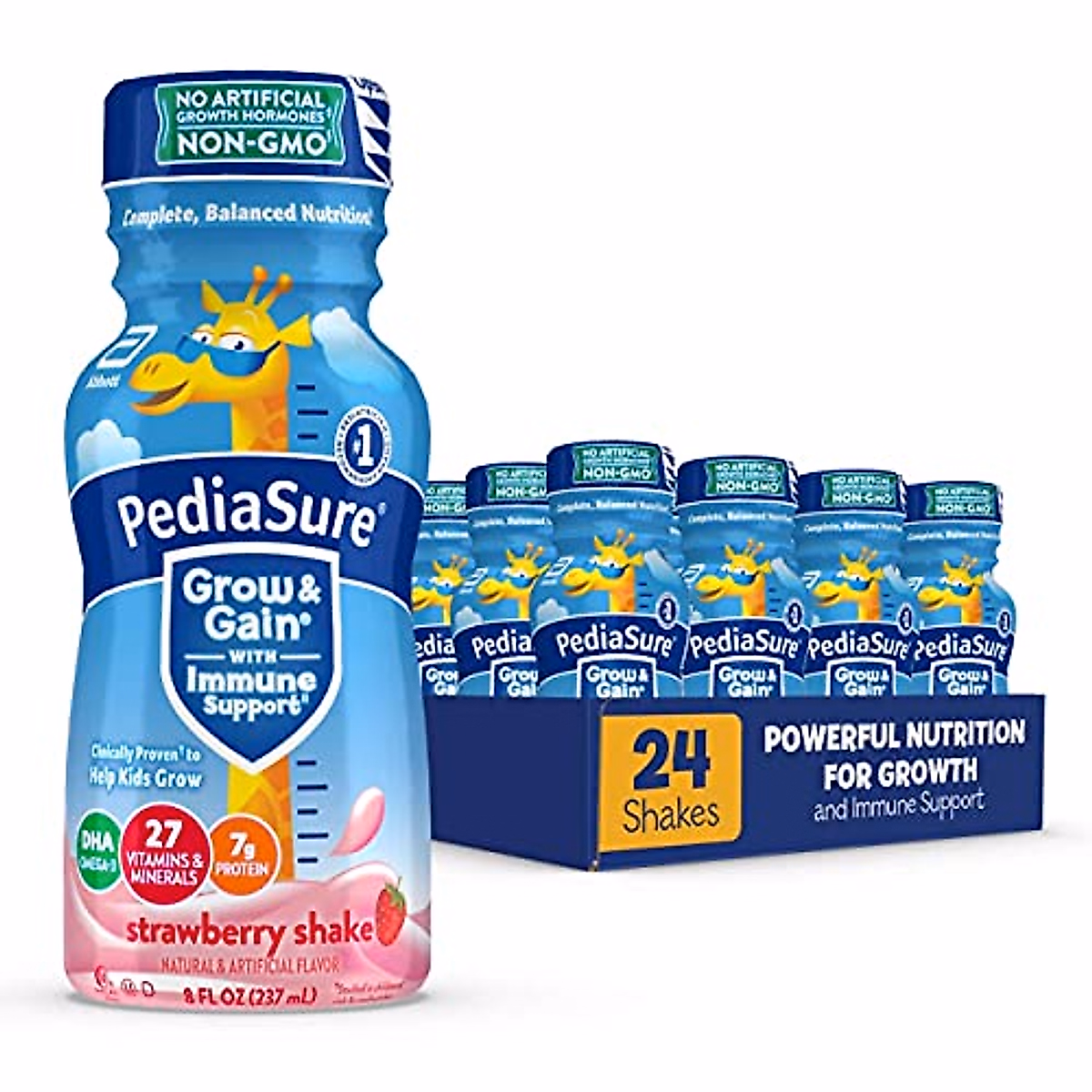 PediaSure Grow & Gain with Immune Support, Kids Protein Shake, 27 Vitamins and Minerals, Non-GMO, Gluten-Free, Strawberry, 8 Fl Oz (Pack of 24)
