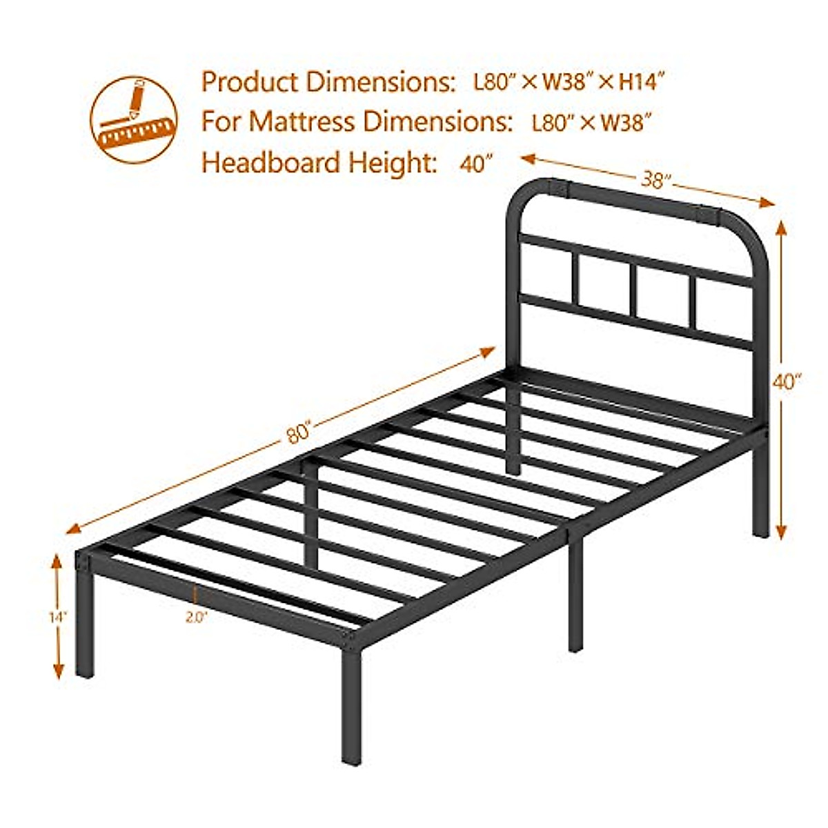 ZIYOO Twin XL Bed Frame with Headboard, 3000LBS Heavy Duty Platform Mattress Foundation/Box Spring Replacement, 14 Inch Height Metal Bed Frame