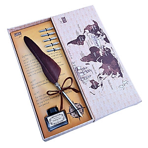 Quill Pen and Ink Set Turkey Feather Pen with 5 Steel Replacement Nibs and Dip Ink Bottle in Vintage Gift Box for Antique Calligraphy - Brown