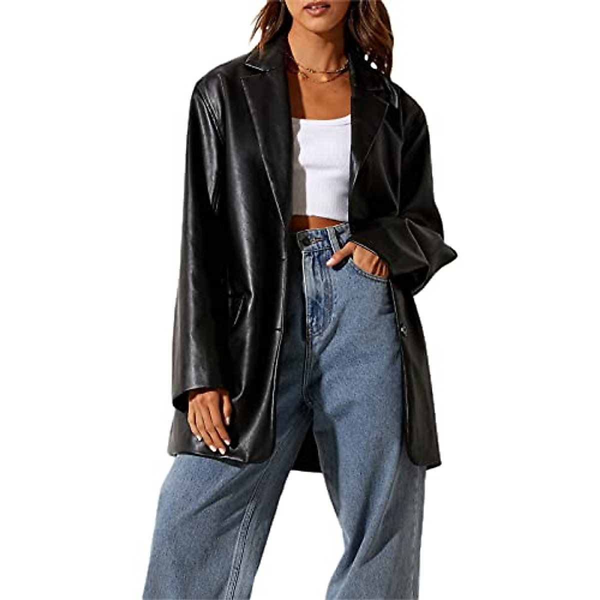 BHMAWSRT Womens Leather Blazer Coat, Long Sleeve Lapel Faux PU Leather Jacket Button Front Trench Coat (Black Blazer, Large)