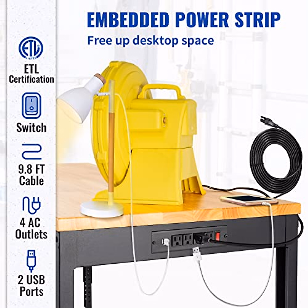 VEVOR Adjustable Workbench, 48" L X 20" W Garage Table w/ 28.3" - 38.1" Heights & 2000 LBS Load Capacity, with Power Outlets & Hardwood Top & Metal Frame & Foot Pads, for Office Home Garage