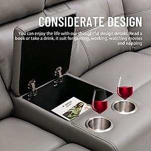 Nathaniel Home PU Leather Sectional Sofa Set with 2 Consoles Fashion Living Room Recliner Chair with Storage Box, L-Shaped Corner Couch with Cup Holders, Foggy Grey