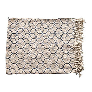 Creative Co-Op Stonewashed Cotton Blend Ogee Pattern & Tassels, Blue & Cream Color Throw