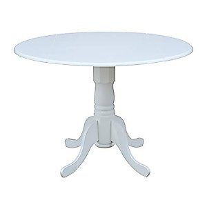 IC International Concepts, 42" Round Dual Drop Leaf Pedestal Dining Table, Solid Real Wood, Sturdy Parawood, White