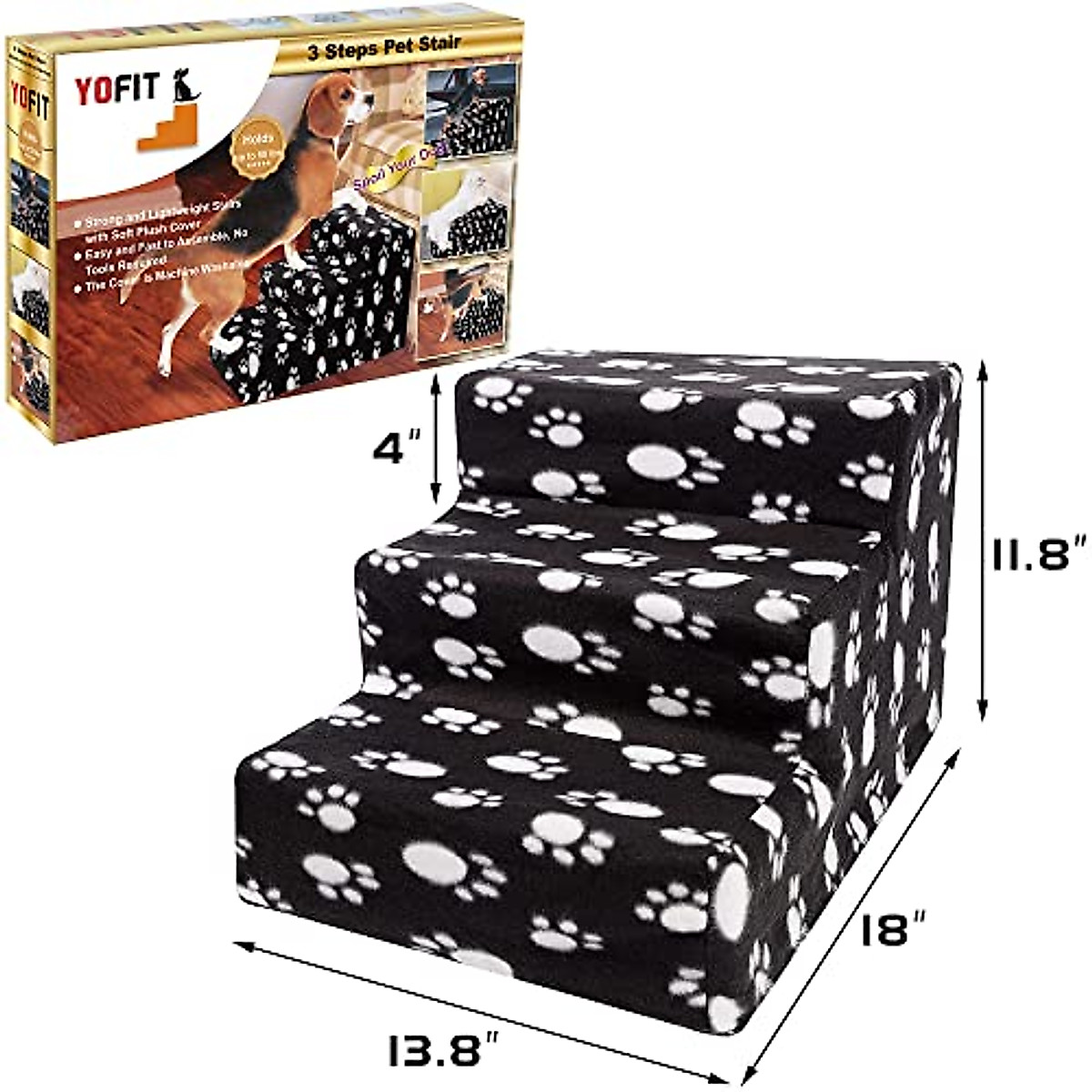 yofit Doggy Steps - Non-Slip 3 Steps Pet Stairs for Cats and Dogs, Foldable Plastic with Washable Carpet (Dark)