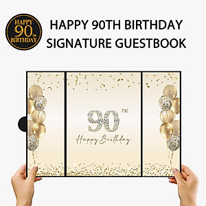 DARUNAXY Black Gold 90th Birthday Party Decorations, Happy 90th Birthday Alternative Signature Guest Book for Men Women Cheers to 90 Years Old Gifts 90 Birthday Signing Card Board Party Supplies