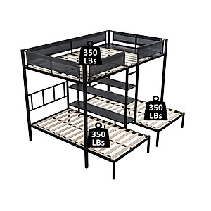 Goohome Full Over Twin and Twin Size Triple Bunk Bed with 4 Shelves, Heavy-Duty Steel Triple Bunk Beds Frame W/Safety Guardrail, Built-in Wood Slat and Ladder, for Kids, Teens, Adults