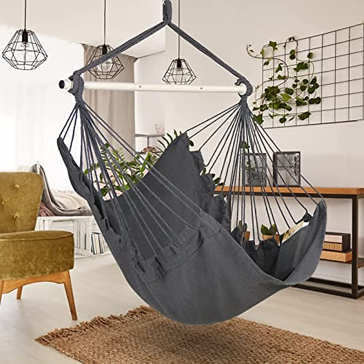Y- STOP Hammock Chair Hanging Rope Swing, Max 500 Lbs, Hanging Chair with Pocket, Removable Steel Spreader Bar with Anti-Slip Rings, Quality Cotton Weave for Comfort, Durability, Dark Grey