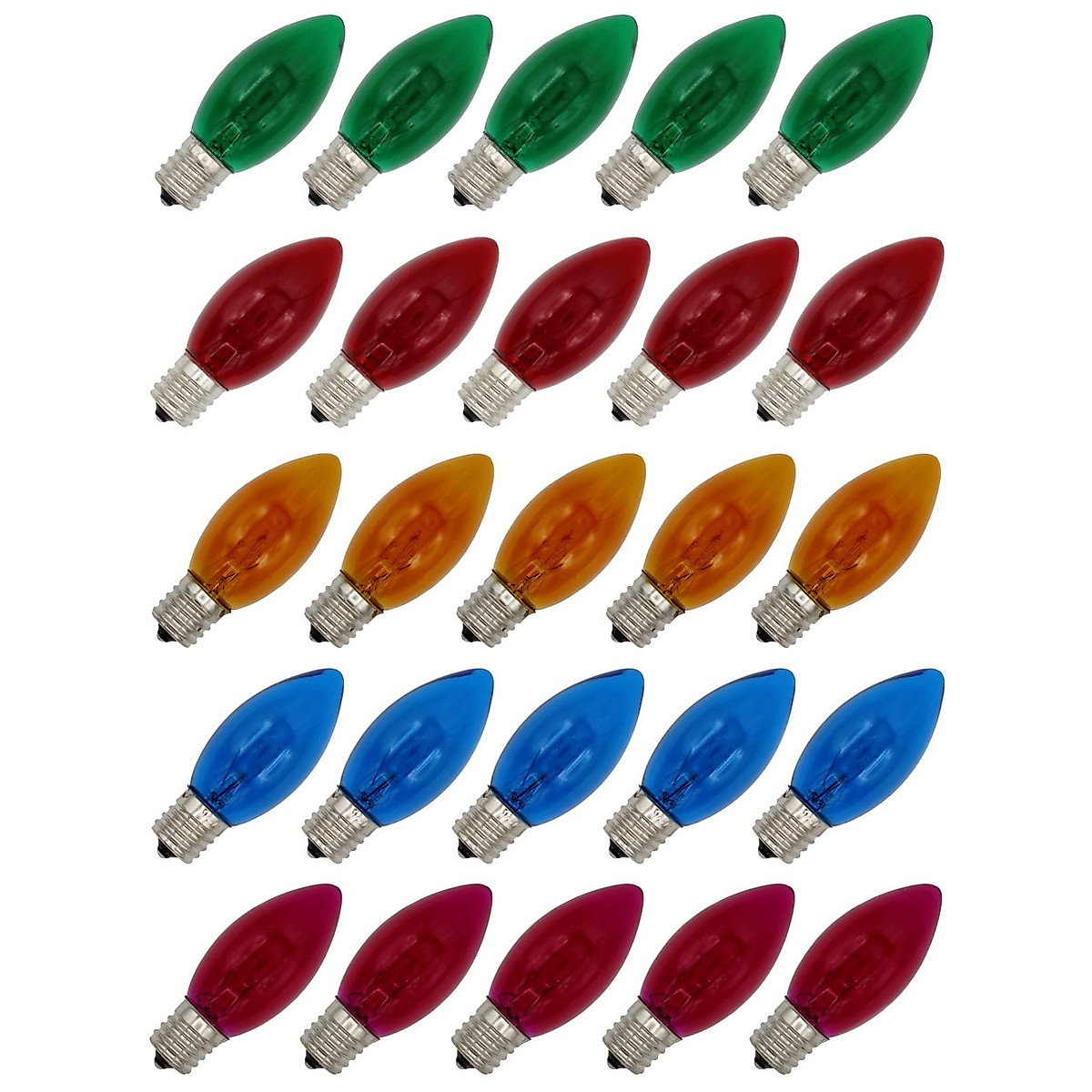 25 Pack C9 Christmas Replacement Light Bulbs - Steady Burning - 7 Watt, Extended Life, Nickel Plated E17 Base - Great for Christmas Lights, Decorative Incandescent Lights (Transparent Multi)