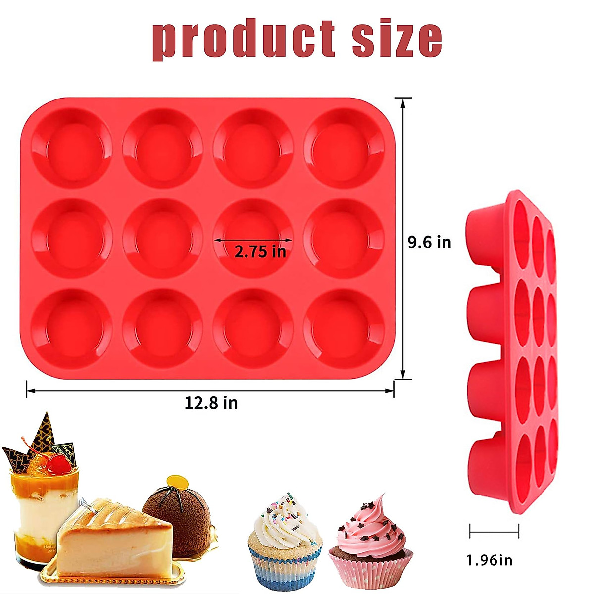 MEKBOK Silicone non-stick pan 12 cups muffin pan/cake pan/cake pan BPA-easy to clean dishwasher and microwave safe, bakeware-red (1pcs)