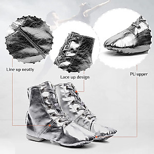 TINRYMX Jazz Shoes PU Leather Lace-up Elastic Slip On Split Sole Jazz Shoe for Women&Men Dance Shoes,GBPU-Silver-Suede Sole,7 US