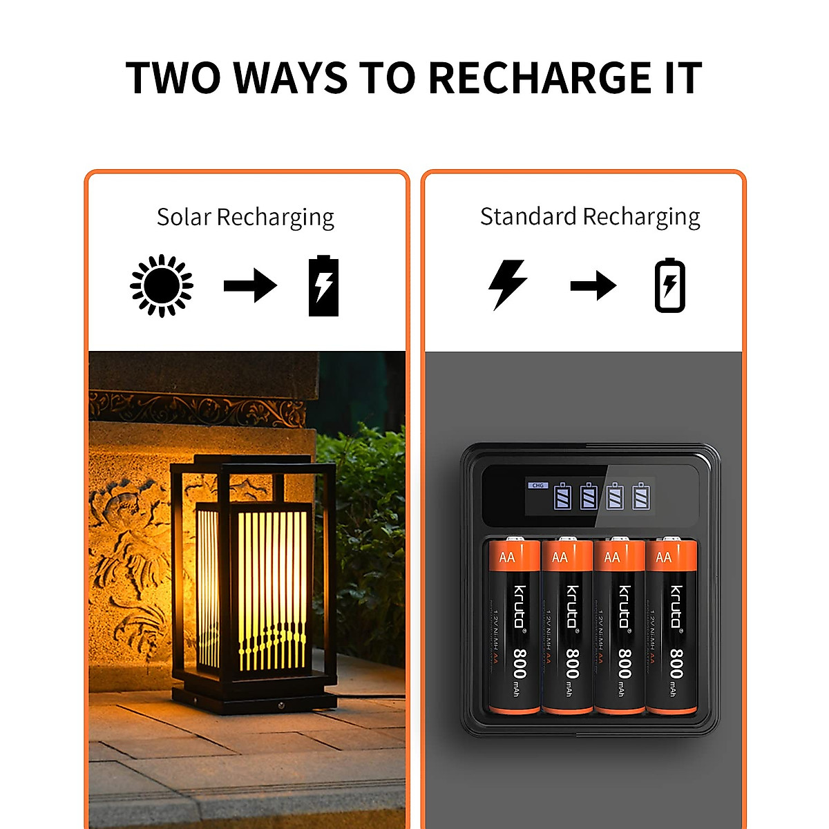 Kruta NiMH Rechargeable AA Batteries, 1.2V 800mAh Rechargeable AA Solar Batteries for Outdoor Solar Lights and Household Devices, Pre-Charged (AA Pack 8)