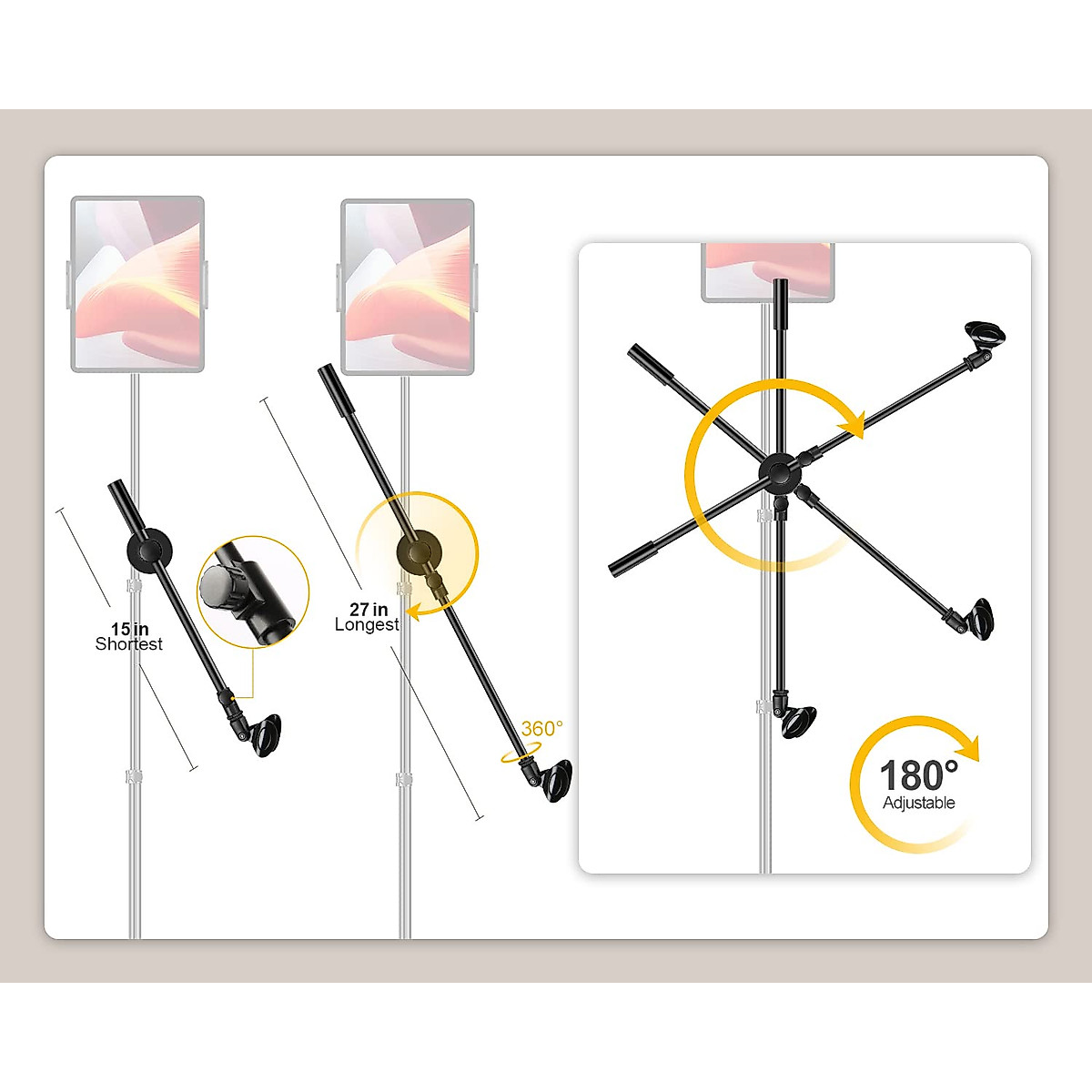 elitehood Floor Tablet Stand & Boom Mic Stand, 68in Height Adjustable iPad Holder Stand, Portable Tripod Microphone Stand for Singing, Compatible with iPad Pro Air Mini and 4-12.9’’ Phones & Tablets
