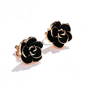 Black Rose Flower Vintage Rose Gold Plated Clip On Fake Stud Earrings for Women No Piercings Ear Fashion Elegant Vintage Wedding Jewelry Gifts for Birthday Hypoallergenic 15mm