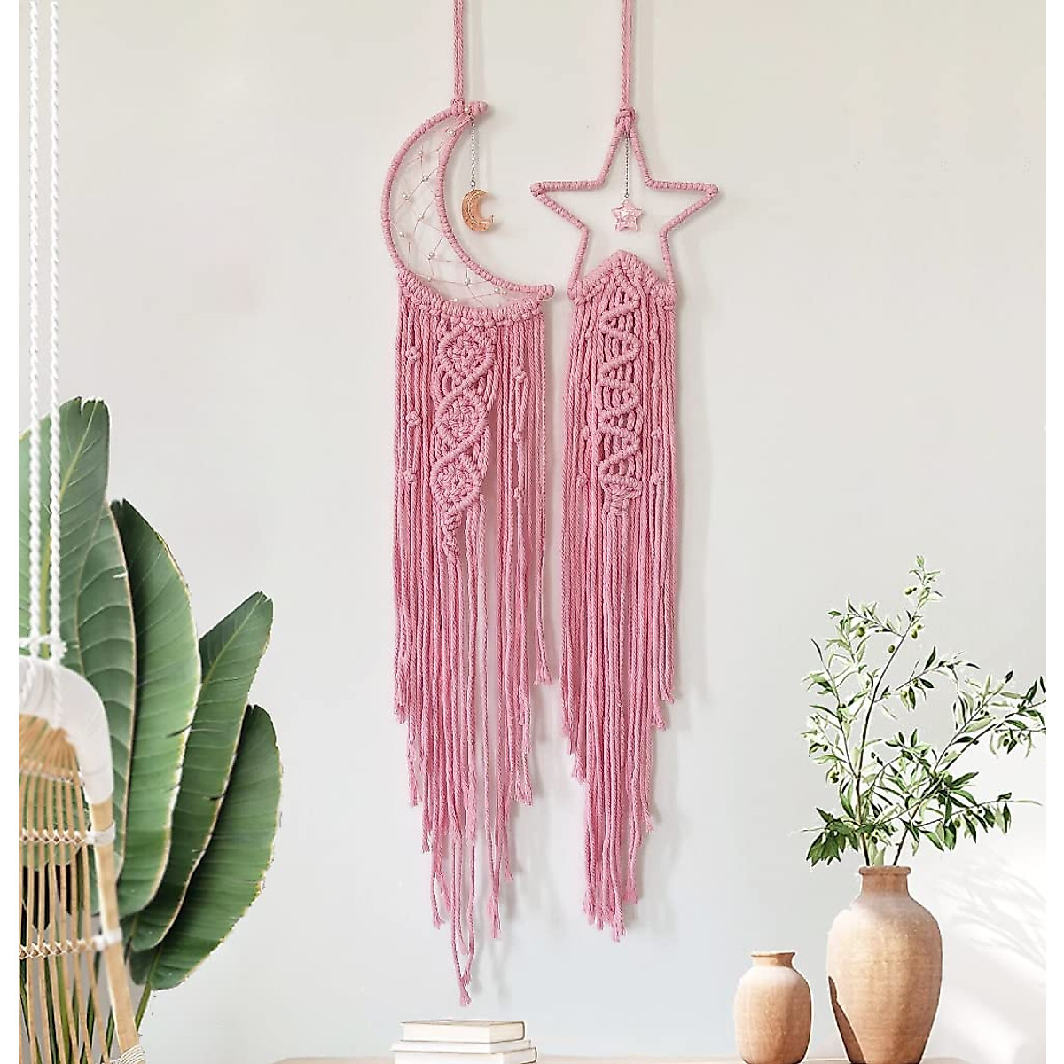 Dream Catchers Star Moon Dream Catcher Pink Room Decor, Macrame Dream Catcher Girls Teenager Bedroom Wall Decor,Boho Dream Catcher Girls Room Decor Teen Girl Gifts for Women Birthday Gifts Mother Day