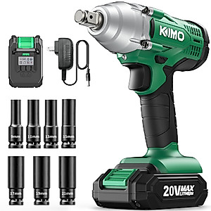 KIMO 20V Cordless Impact Wrench 1/2 inch, 2832In-Lbs & High Torque 3400 IPM, Impact Gun w/Battery ＆ Charger, 7 Pcs Impact Driver Sockets, Electric Impact Drill Set w/Variable Speed for Car Tires