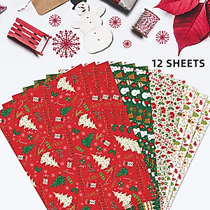 PlandRichW Christmas Wrapping Paper Folded for Kids Boys Girls Man Women Gift's. Papercraft Snowmen, Candy Canes, Tree, Socks, Snowflakes, Happy New Year Bulk of 12 Sheets 20"x 29" Folded