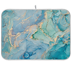 Marble Dish Drying Mat for Kitchen Counter Blue Teal Turquoise Gold Drying Mat 18 x 24 Inch with High Absorbent Reversible Microfiber Dish Drying Pad Dish Rack Pad Drainer Mat for Coffee Bar